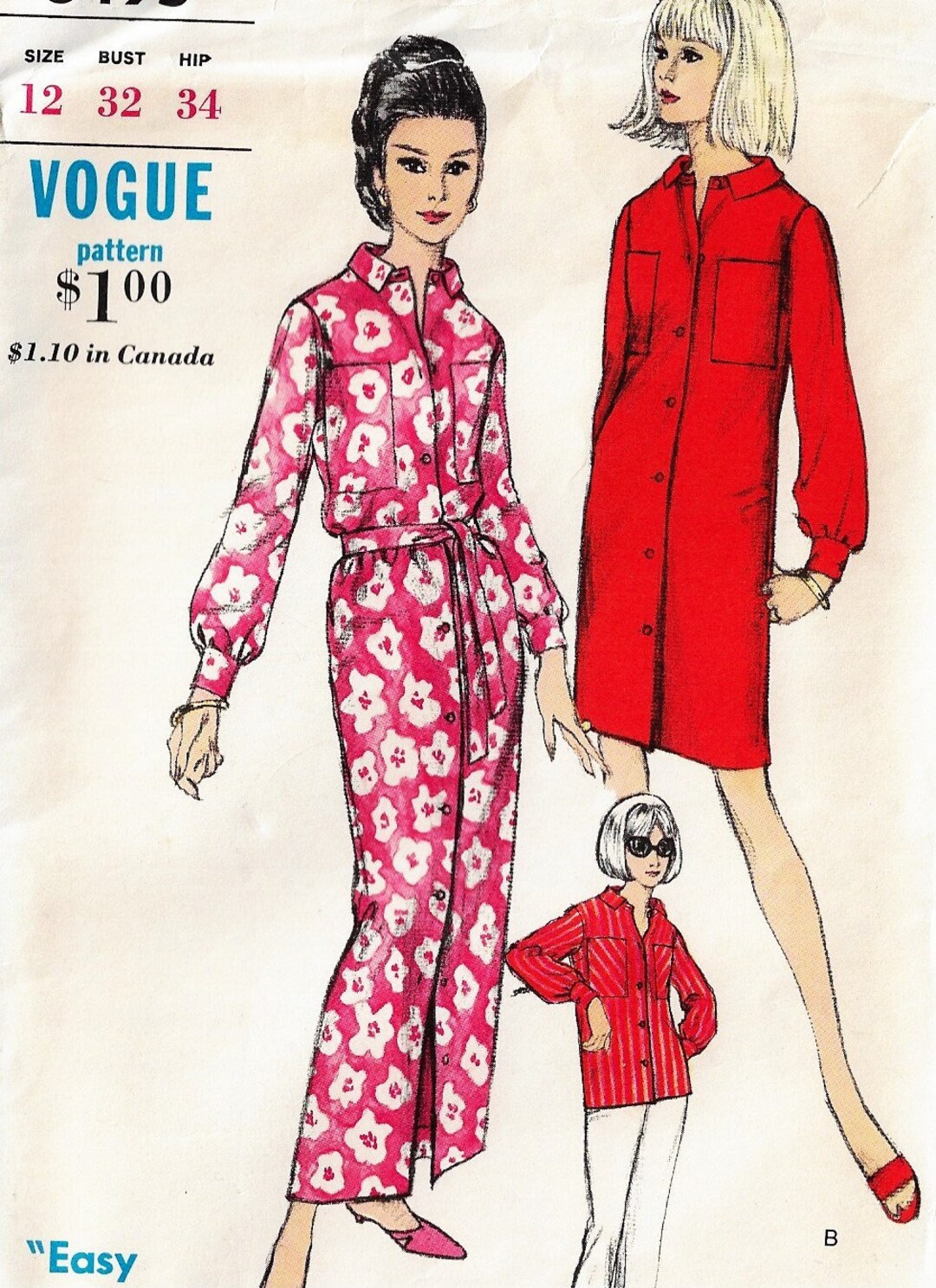 60s Womens Shift or Two Piece Pajamas Vogue Sewing Pattern 6495 Size 12 ...