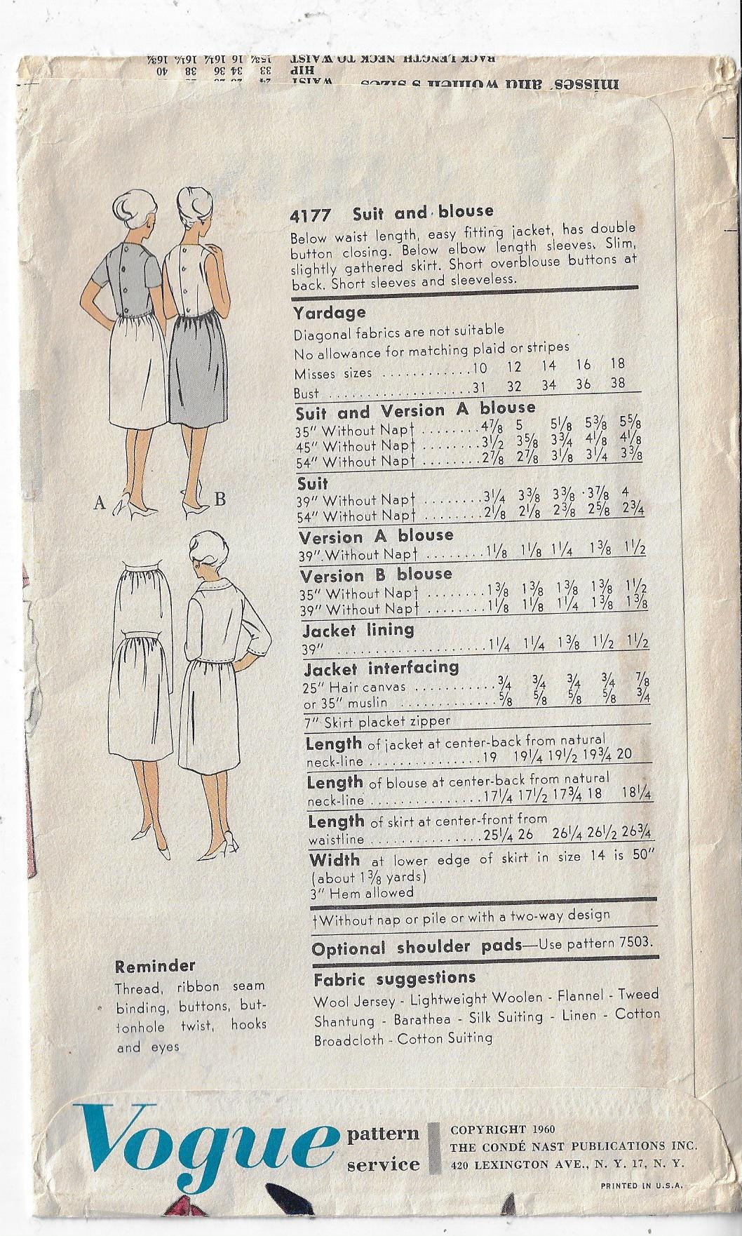 1960s Jacket, Slim Skirt and Blouse Vogue Sewing Pattern 4177 Size 12 ...