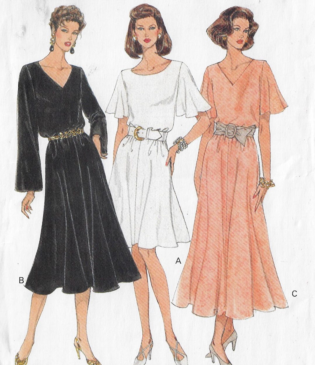 90s Pullover Dress Blouson Bodice Neckline & Sleeve Variations Vogue ...