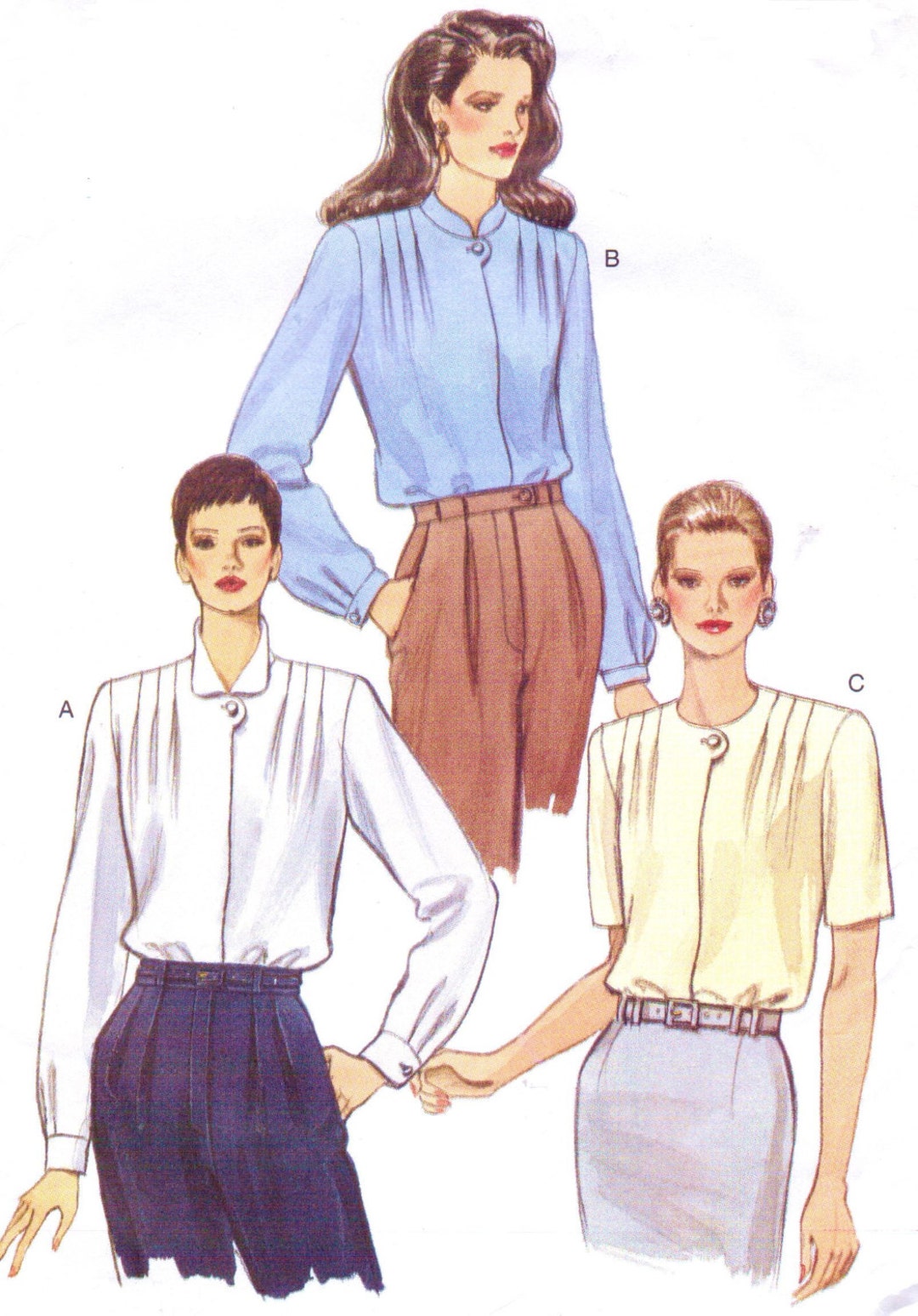 90swomens Front Tuck Blouses Collar Variations Vogue Sewing Pattern ...