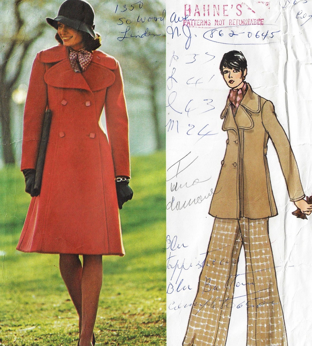 70s Fabiani Womens Double Breasted Coat & Wide Leg Pants Vogue Sewing ...