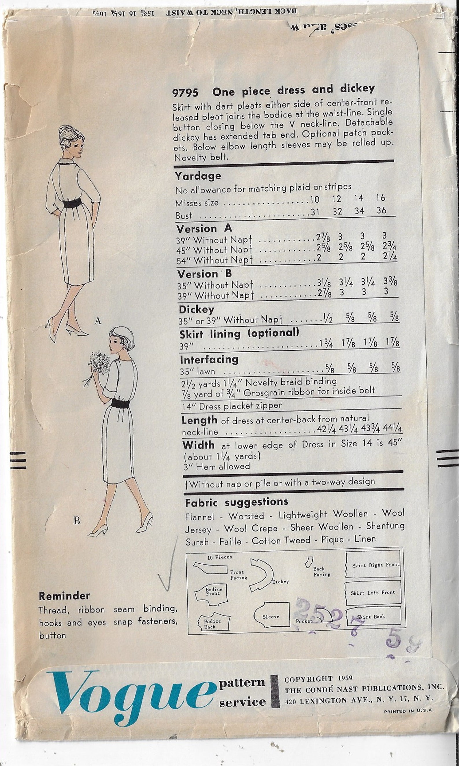 1950s Womens One Piece Dress and Dickey Vogue Sewing Pattern - Etsy