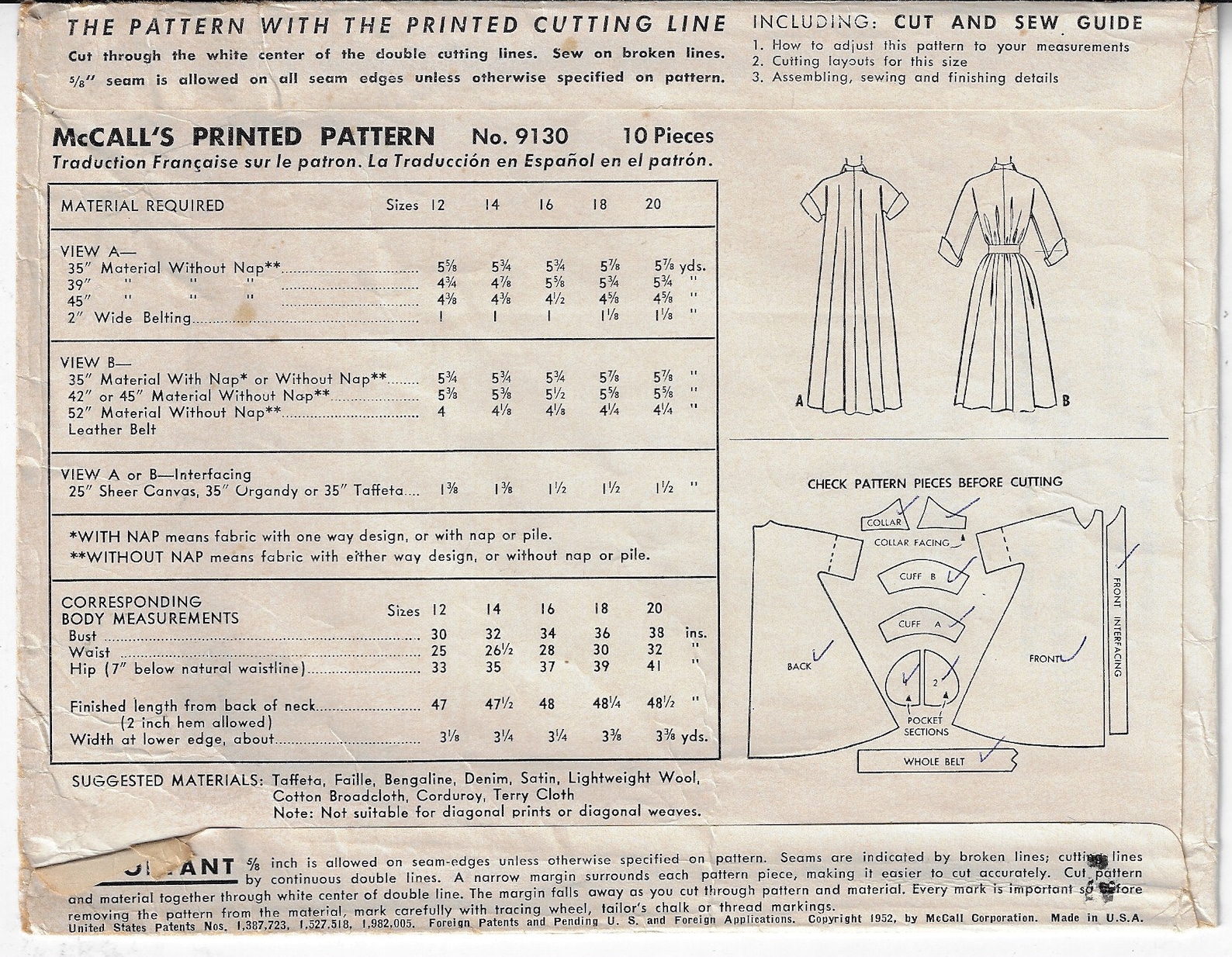 50s Womens Dress, Negligee or Unlined Coat Mccalls Sewing Pattern 9130 ...