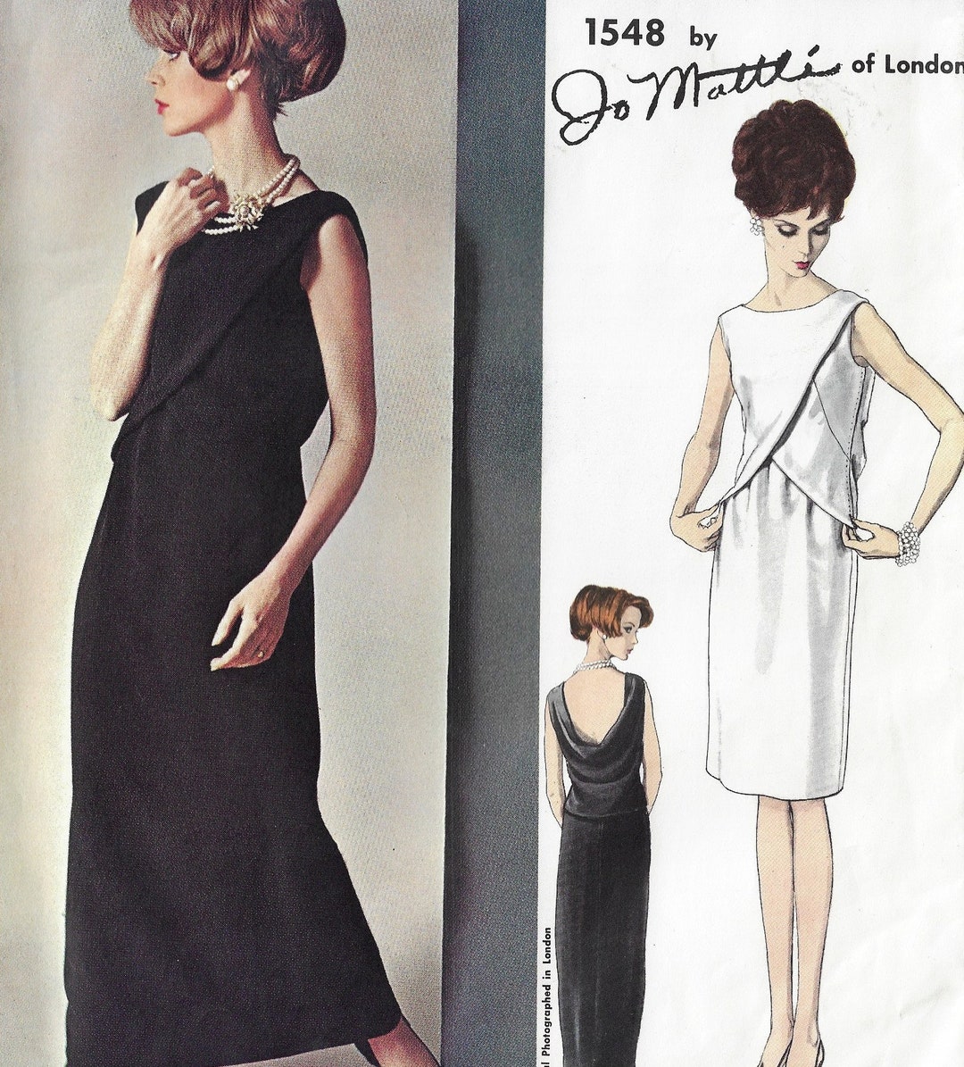 60s Jo Mattli Evening Gown Vogue Sewing Pattern 1548 Size 16 FF Label ...