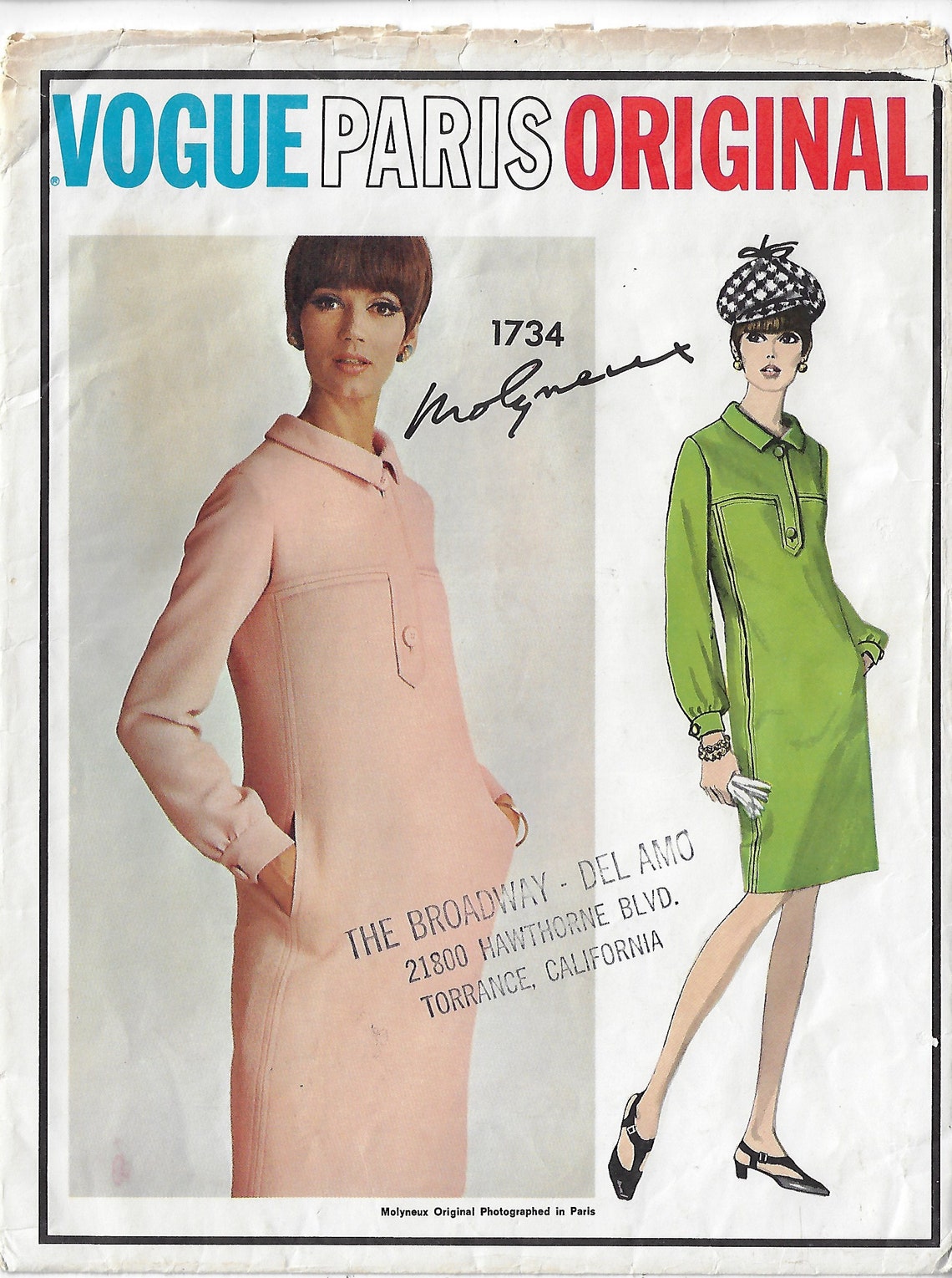 1960s Molyneux Womens Sleek One Piece Dress Vogue Sewing Pattern 1734 ...