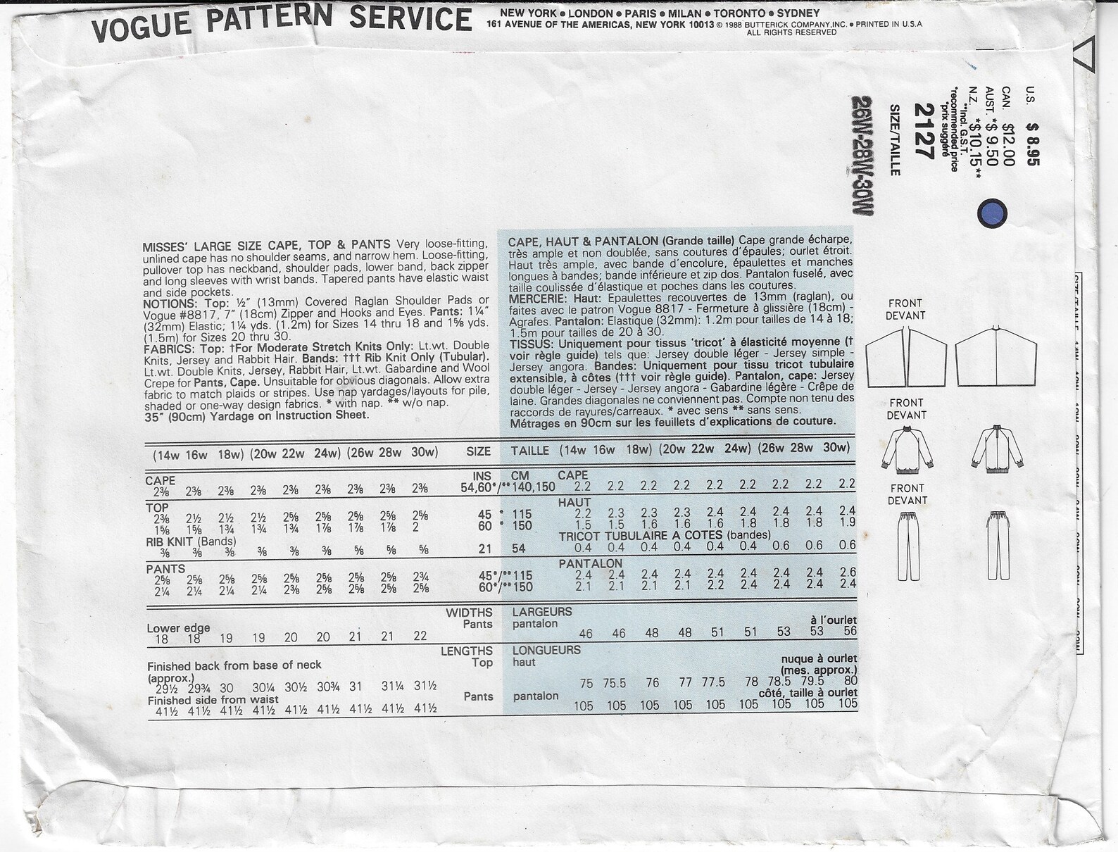 80s Plus Size Womens Cape, Top & Pants Vogue Sewing Pattern 2127 Size ...