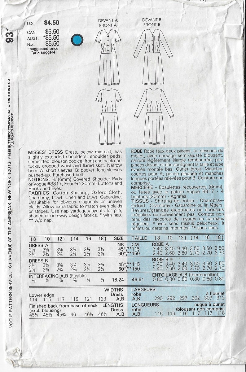 1980s Womens Dropped Waist Dress with Sleeve Variations Vogue | Etsy