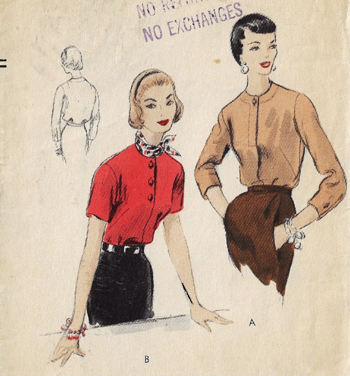 1950s Womens Collarless Blouse in 2 Styles Vogue Sewing Pattern 8399 ...