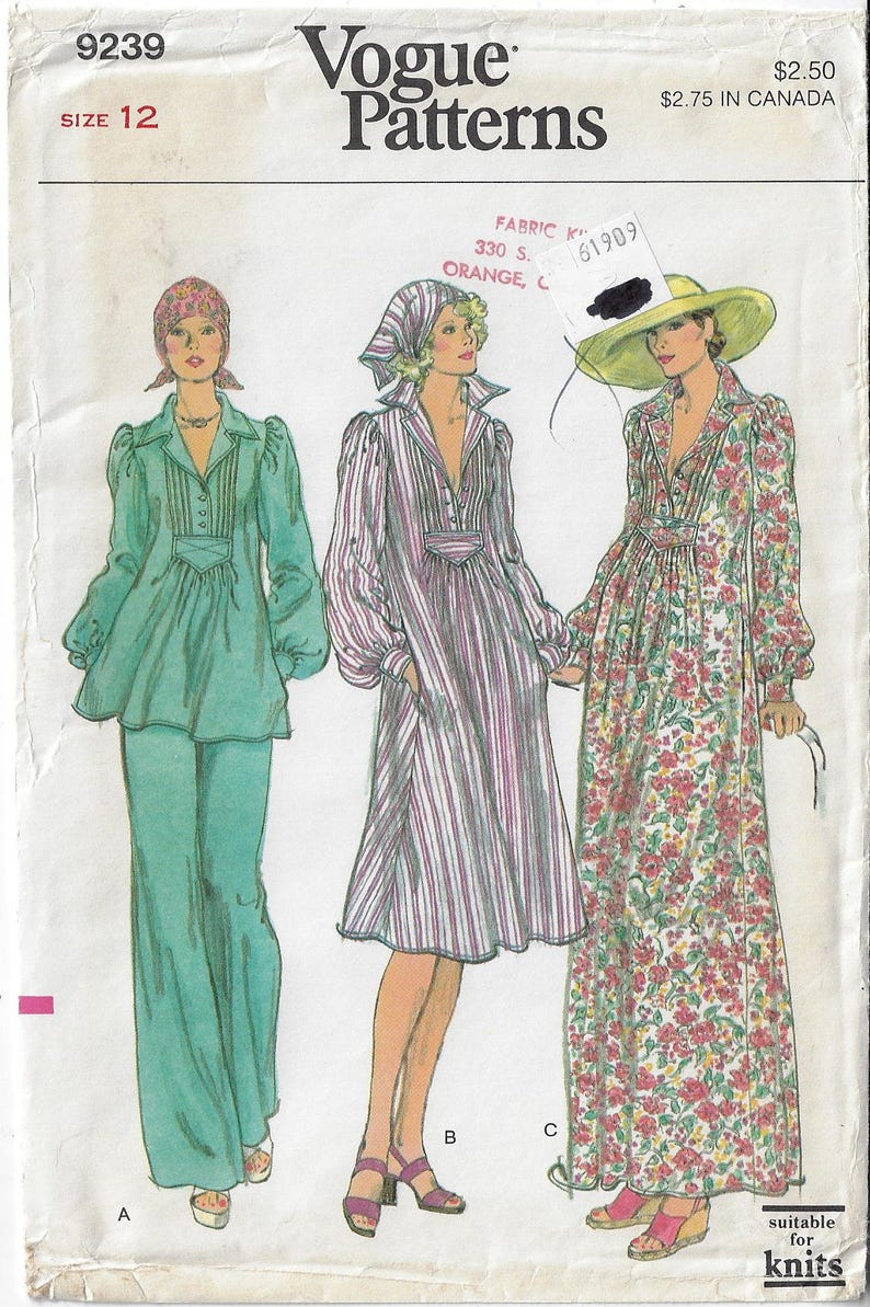 1970s Boho Hippie Dress or Tunic & Pants Vogue Sewing Pattern 9239 Size ...