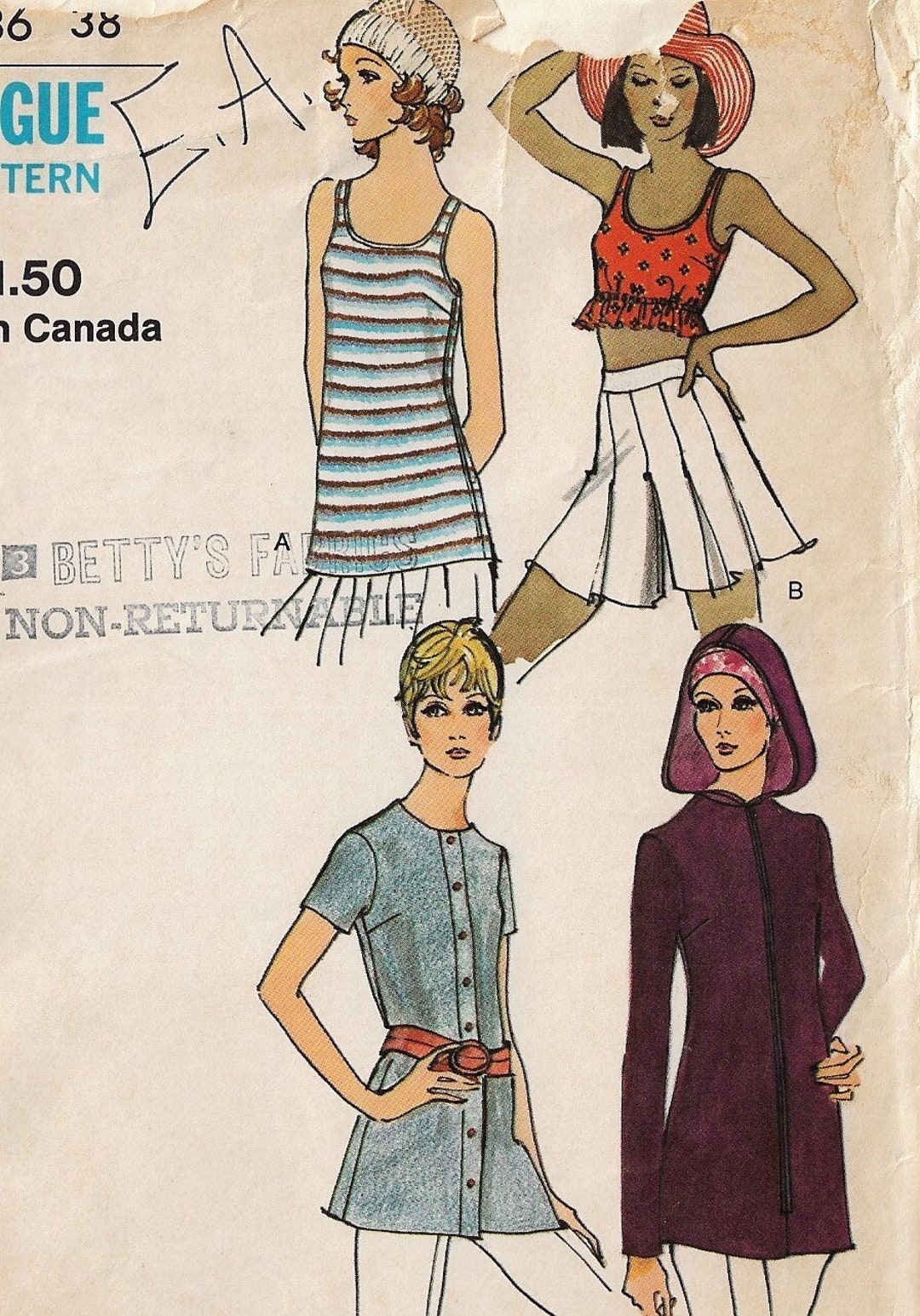 70s Womens Set of Blouses Midriff, Tank & Hoodie Vogue Sewing Pattern ...