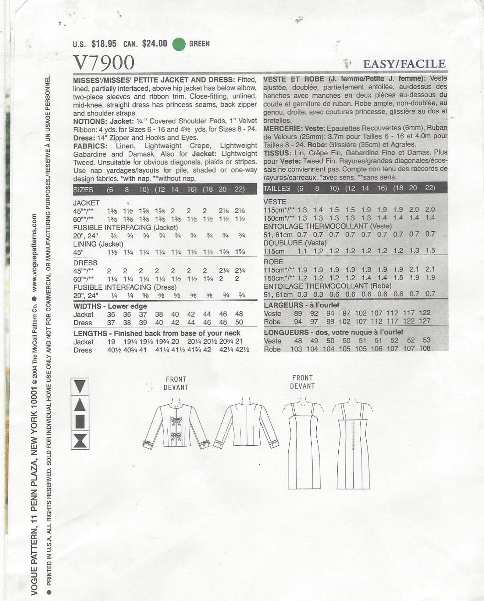 Above Hip Jacket Ribbon Trim & Dress Vogue Sewing Pattern V7900 Size 12 ...