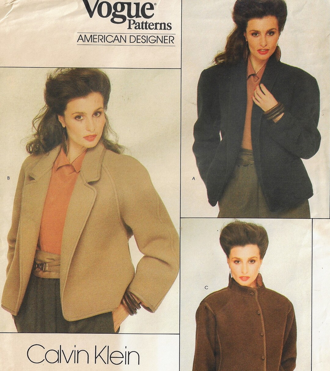 80s Calvin Klein Womens Jackets in 3 Styles Vogue Sewing Pattern 2811 ...