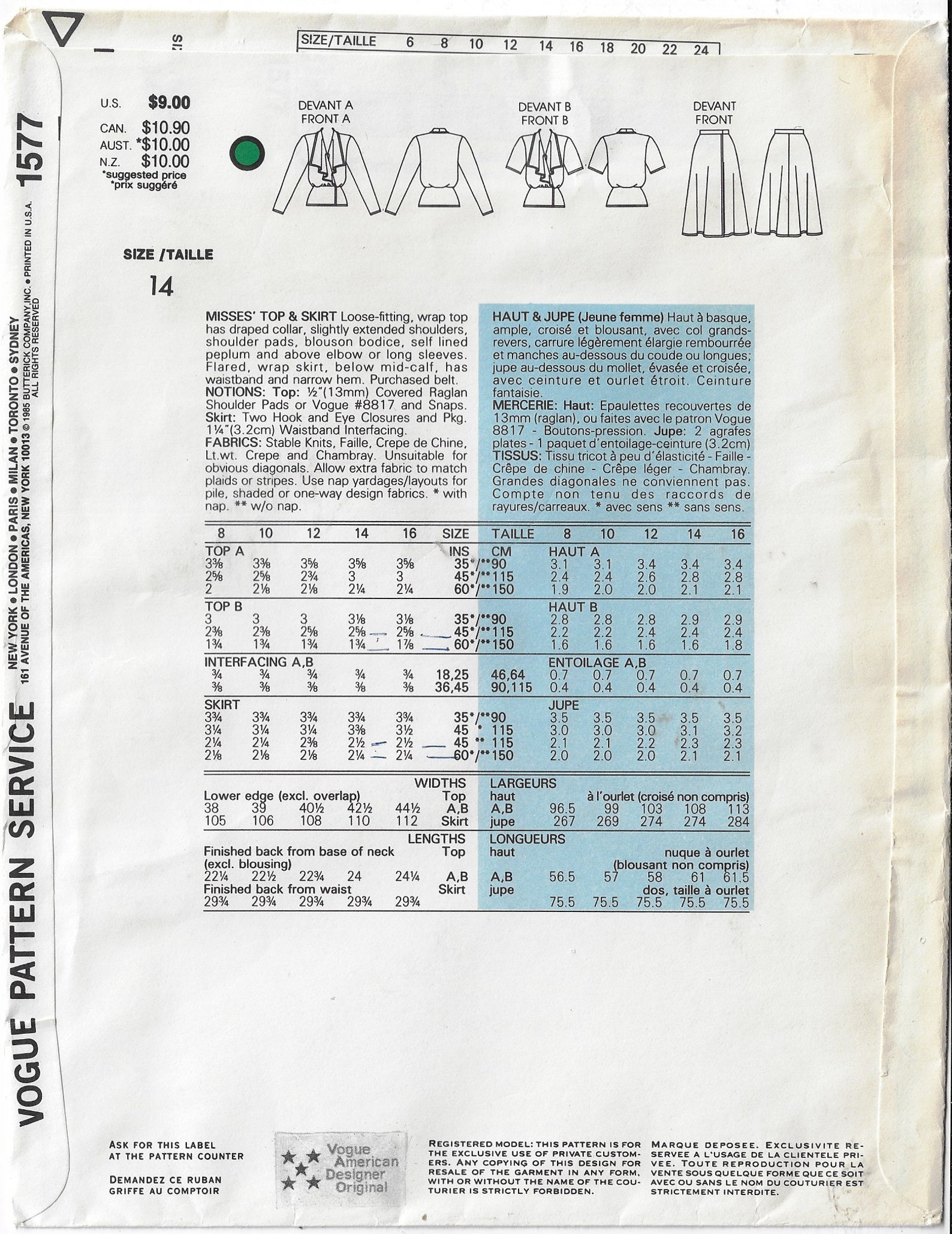 80s John Anthony Wrap Peplum Top & Wrap Skirt Vogue Sewing Pattern 1577 ...