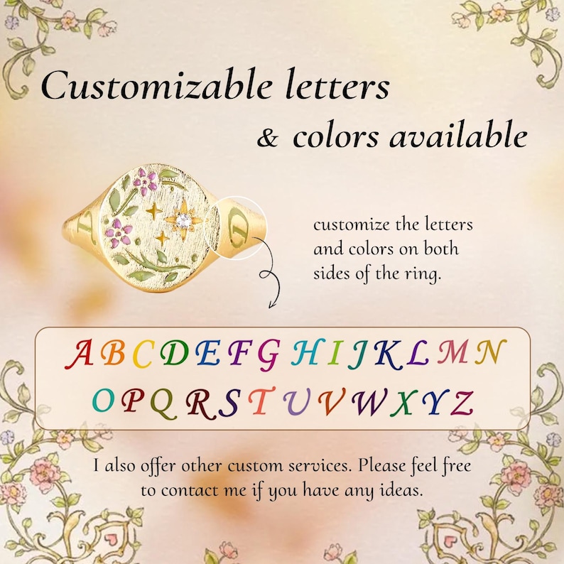 Custom Birth Flower Enamel Signet Ring Brushed Solid Gold Ring Hand ...