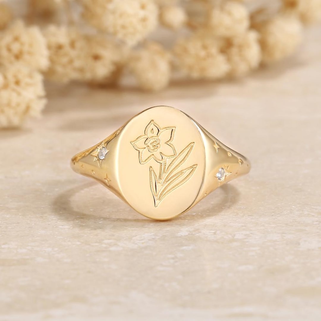 Custom Birth Flower Signet Ring Personalized March Daffodil Yellow Gold ...
