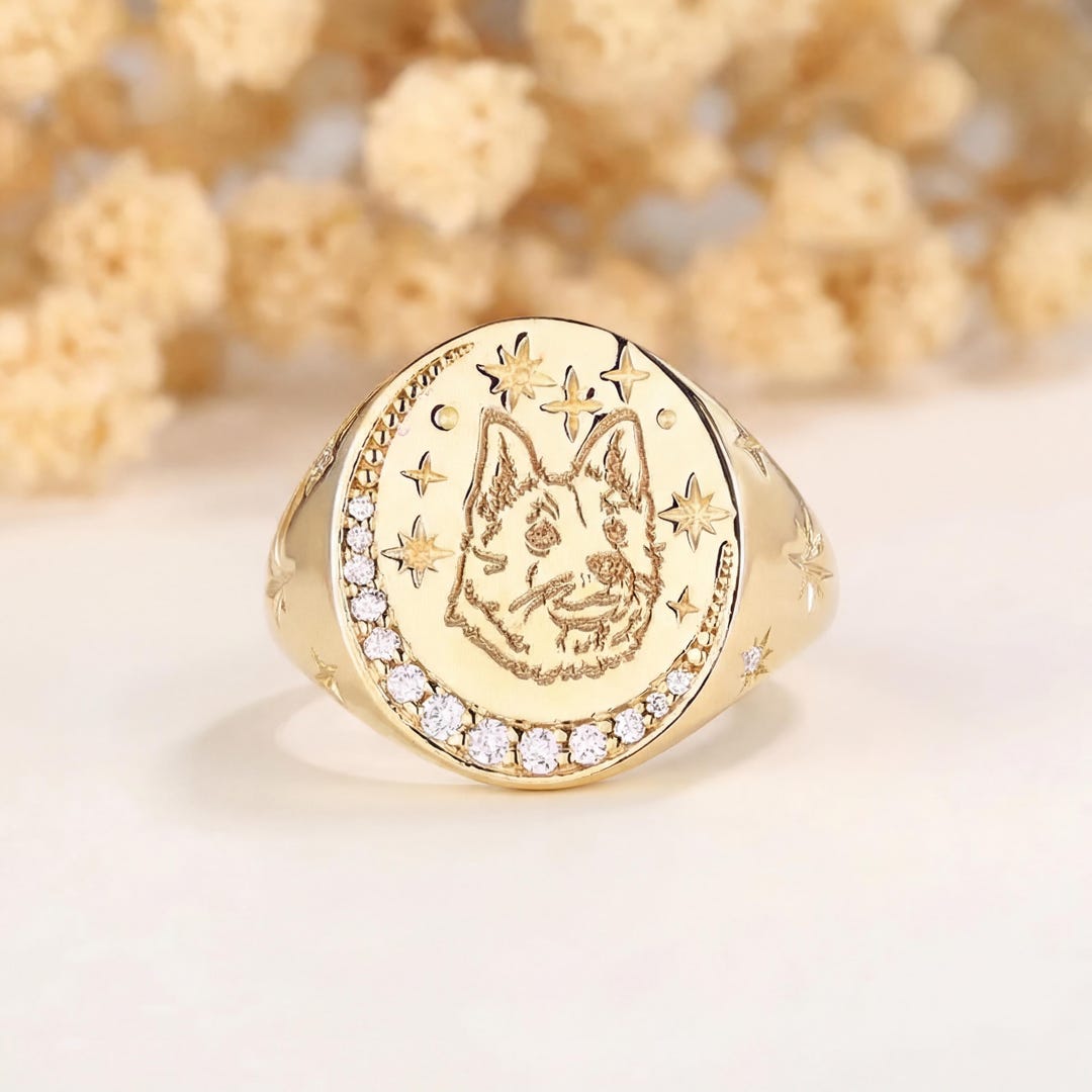 Personalized Pet Engraved Signet Ring Pet Portrait Ring Yellow Gold ...