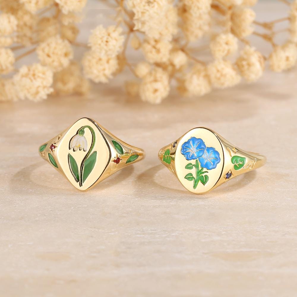 Personalized Birth Flower Signet Ring January Snowdrop Enamel Ring ...