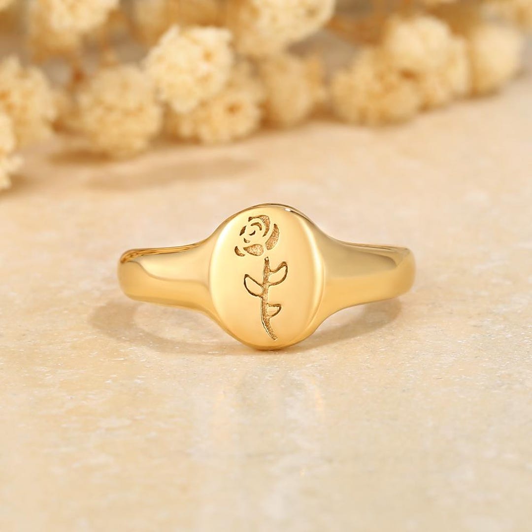 Dainty June Birth Flower Rose Signet Ring Plain Gold Ring Personalized ...