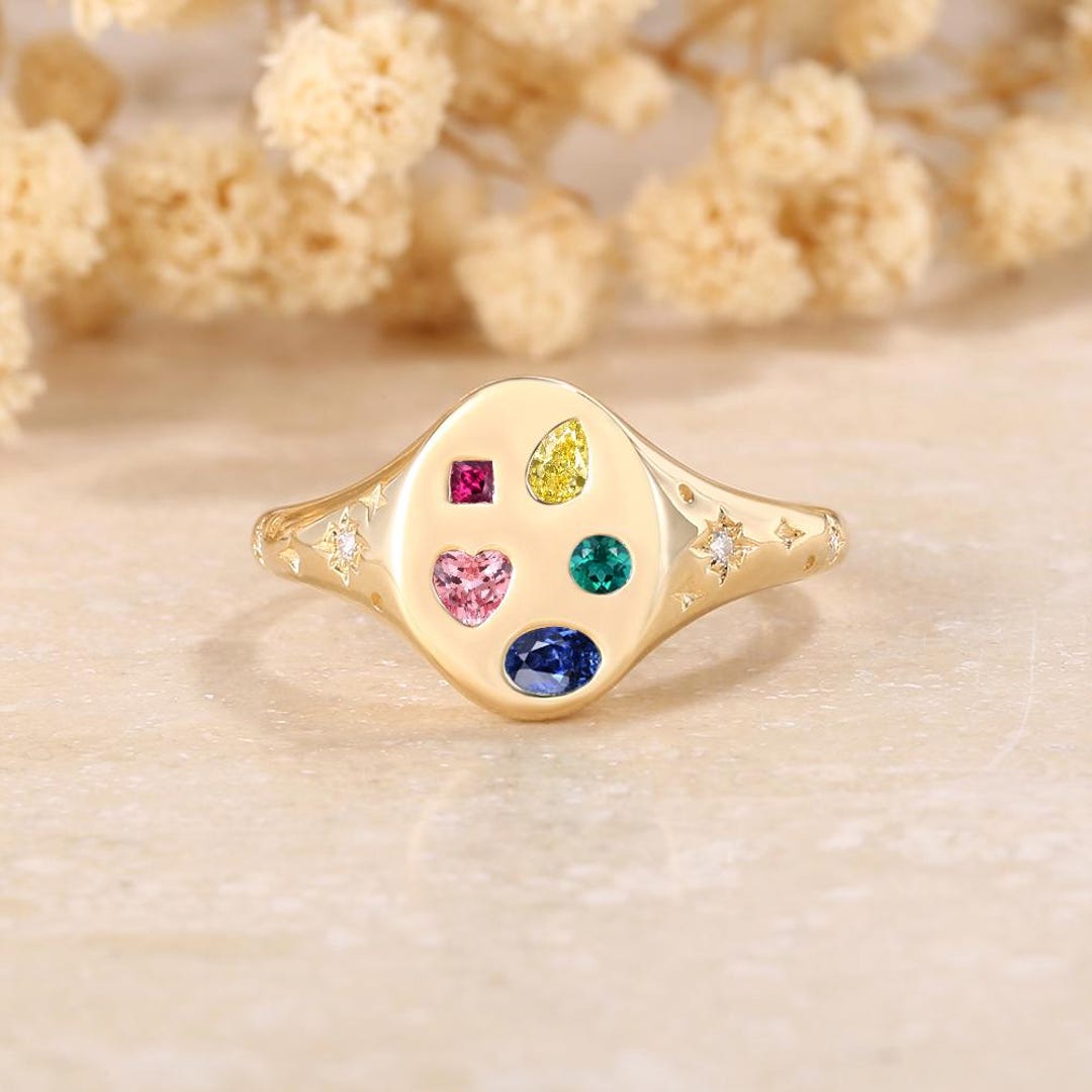 Custom Multi Birthstone Oval Signet Ring Personalized Five Stones Ring ...