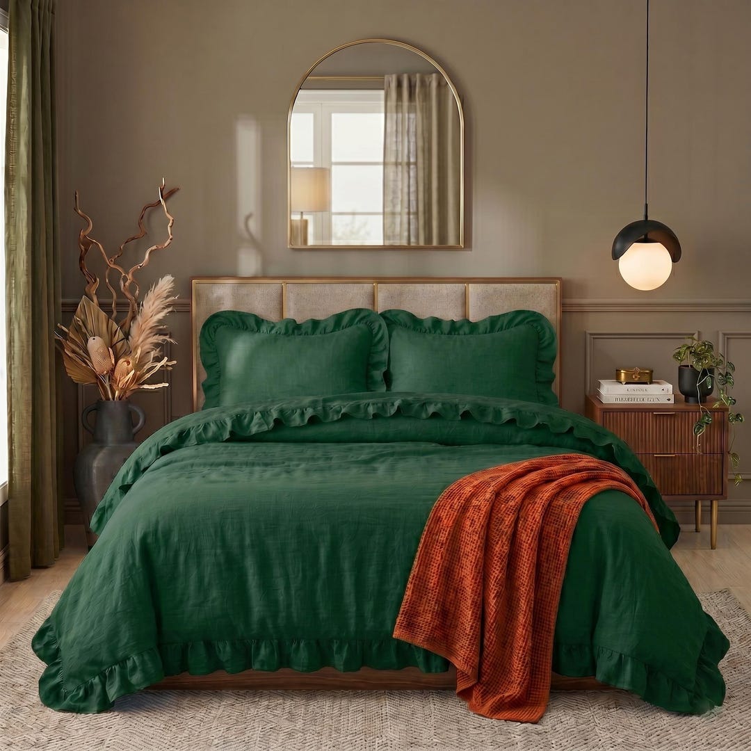 Forest Green Ruffle Linen Duvet Cover Set, Soft Washed Linen Bedding ...