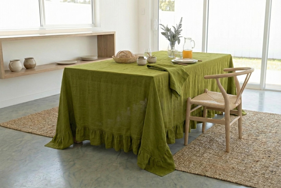 Olive Green Linen Tablecloth With Ruffle, Rustic Farmhouse Dining Table ...