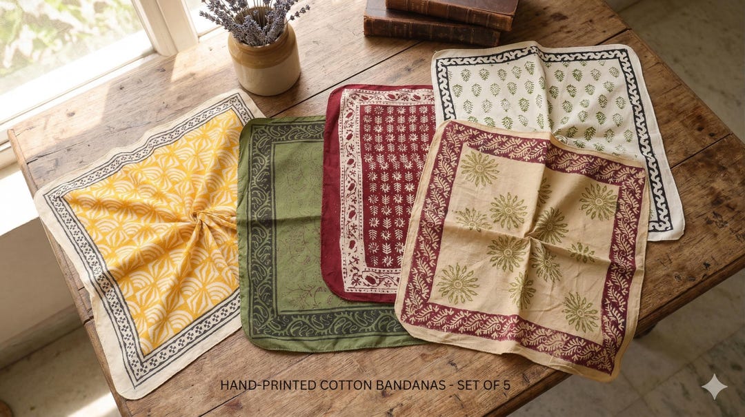 Hand Block Print Cotton Bandana Set of 5 – Vintage Style Printed ...