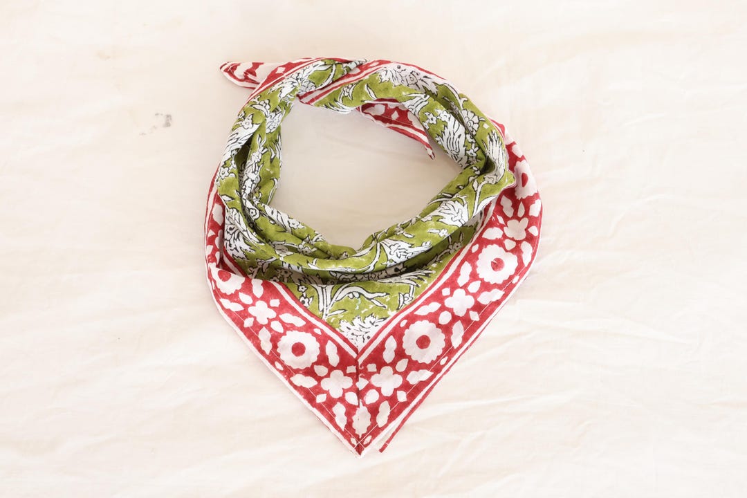 Hand Block Printed Cotton Bandana: Green Floral, Red Border - Etsy
