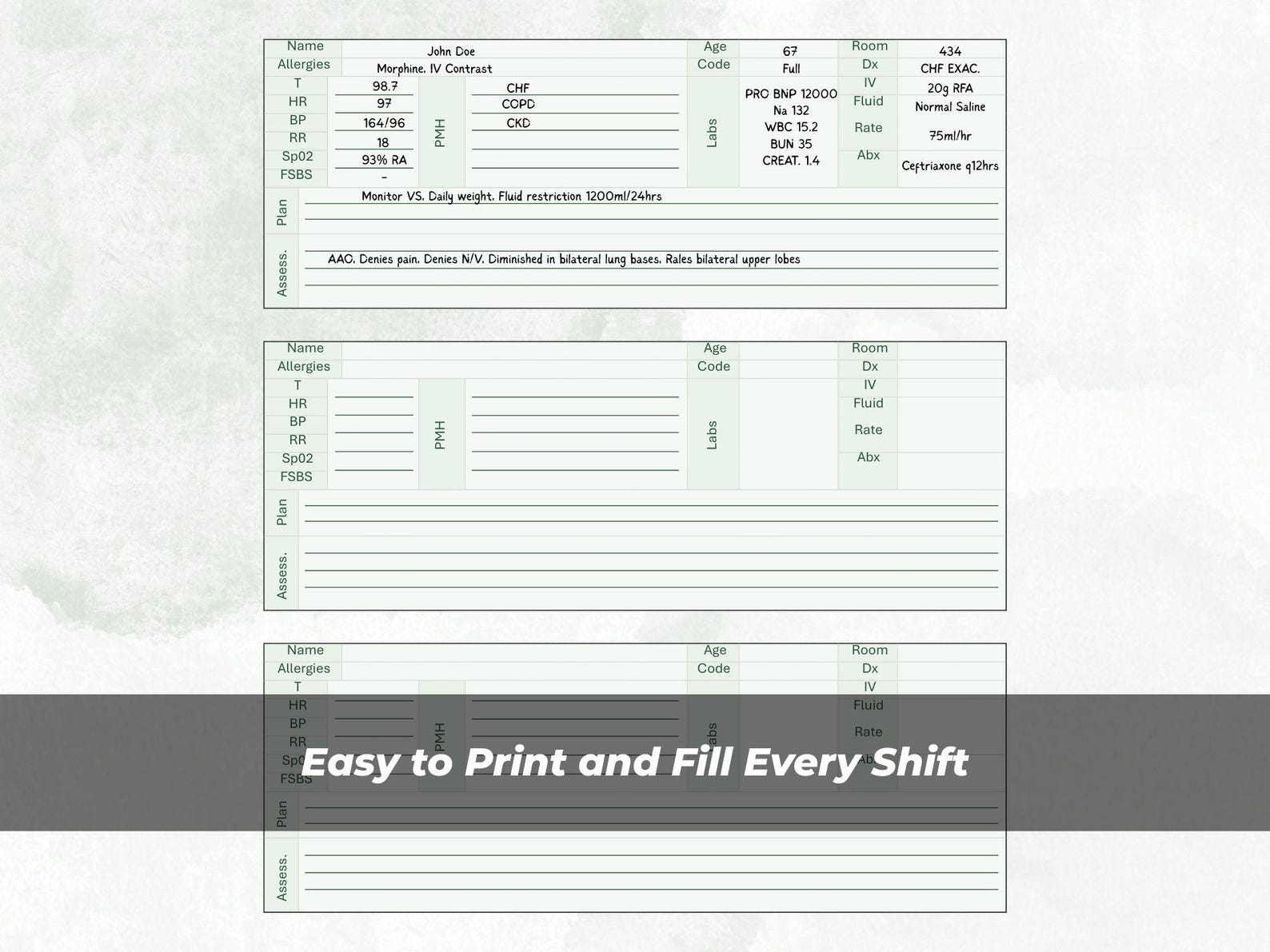 Printable Nurse Report Sheet (sage) | Nursing Shift Report Template ...