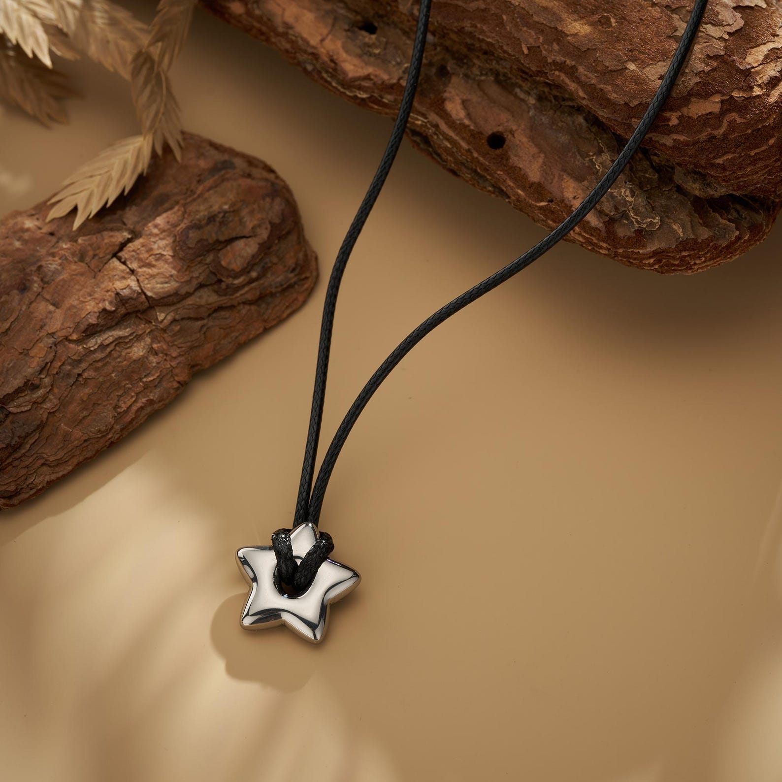 Puffed Star Pendant Necklace | Stainless Steel, Black Leather Cord - Etsy