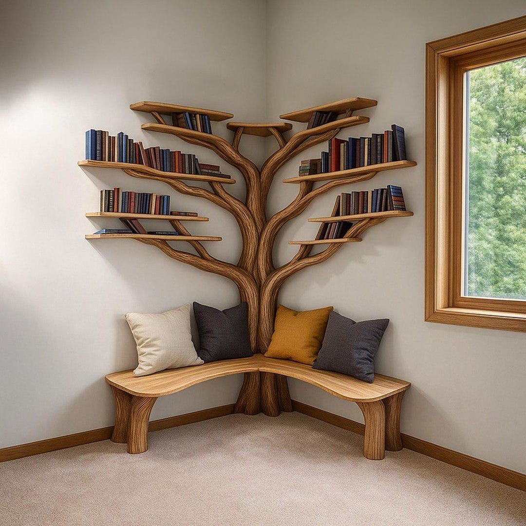 Rustic Tree Branch Bookshelf With 5-foot Straight Bench Indoor ...