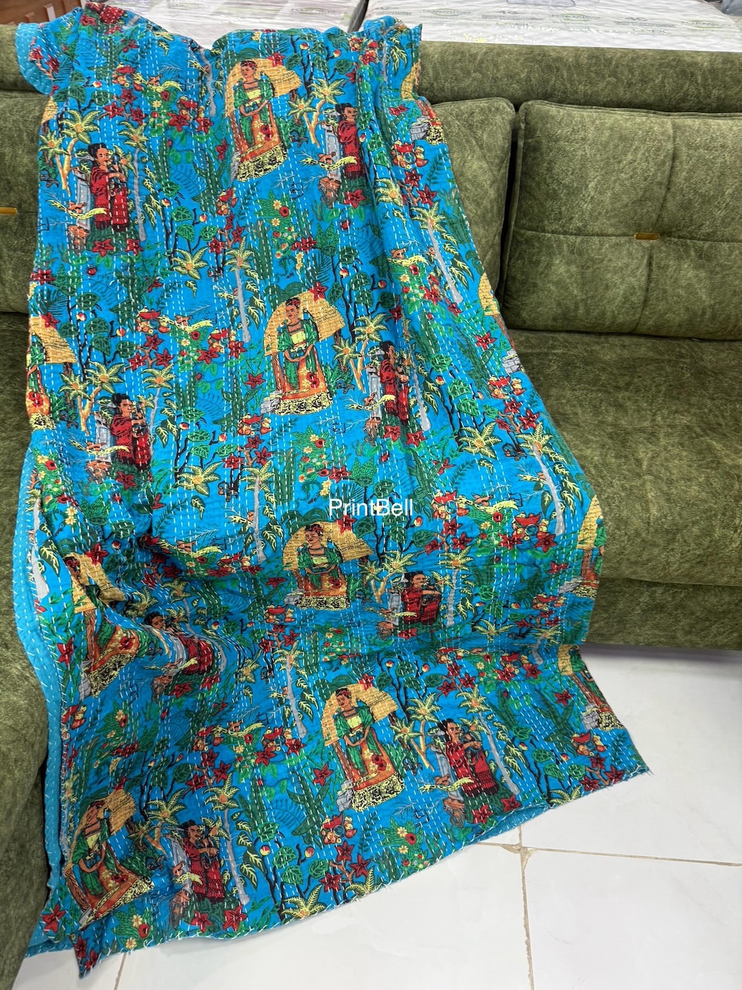 Handmade Indian Kantha Quilt: Reversible Cotton Throw Blanket - Etsy