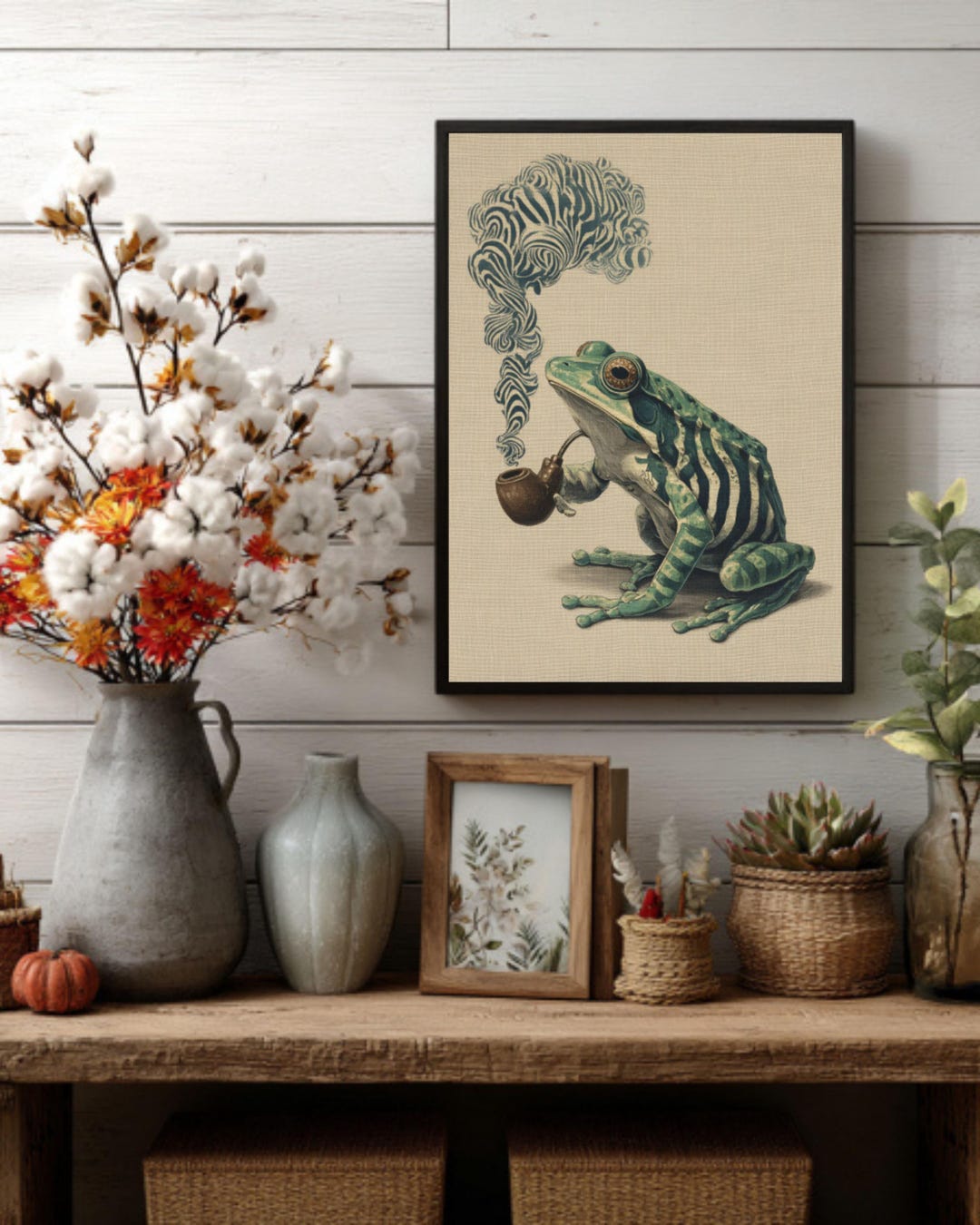Japanese Woodblock Frog Art – Green Frog With Pipe & Zebra Smoke, Linen ...