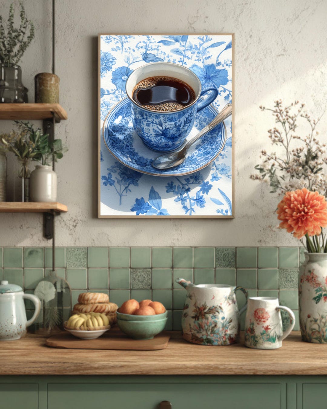 Beatrix Potter Style Coffee Cup Watercolor Art – Blue and White Floral ...
