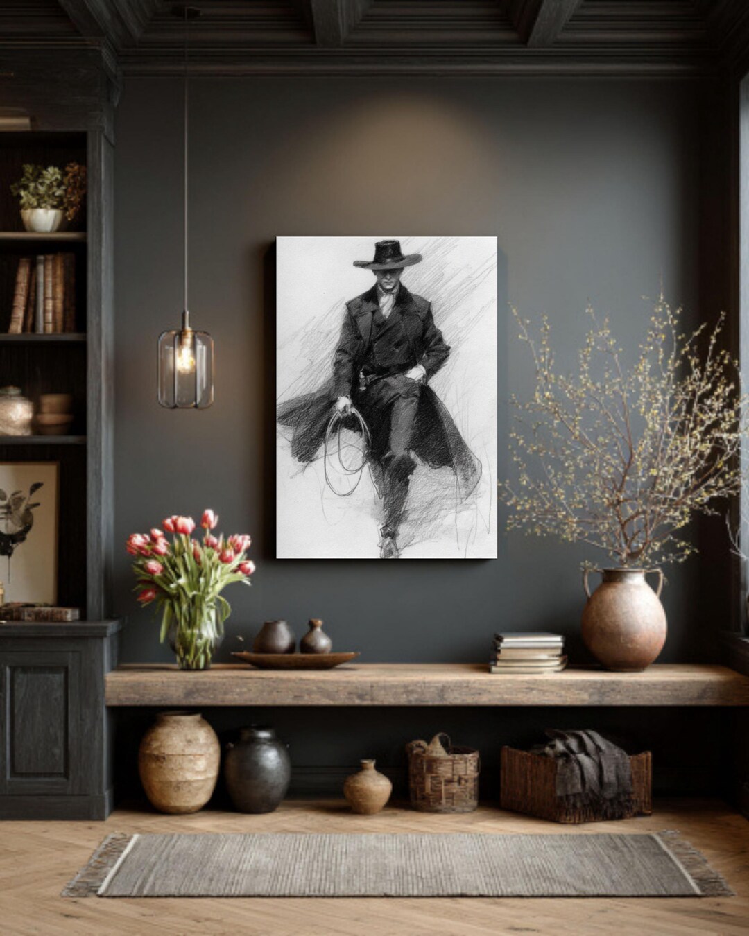 Minimal Cowboy Sketch Art – Full-body Lasso Cowboy in Black Hat & Coat ...