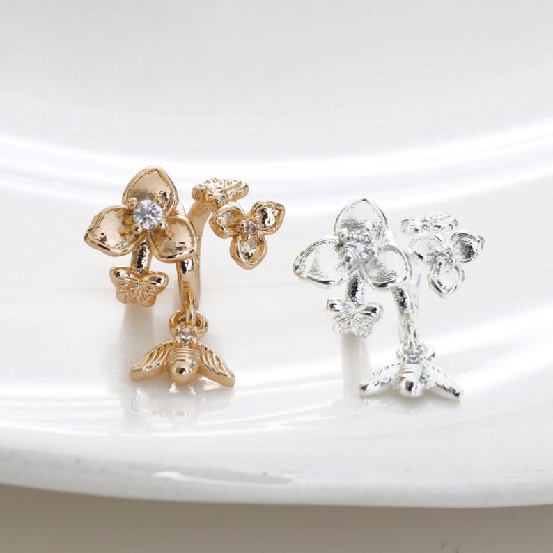 14K Gold Plated Flower Bee Butterfly Charm | CZ Spacer Bead for DIY ...