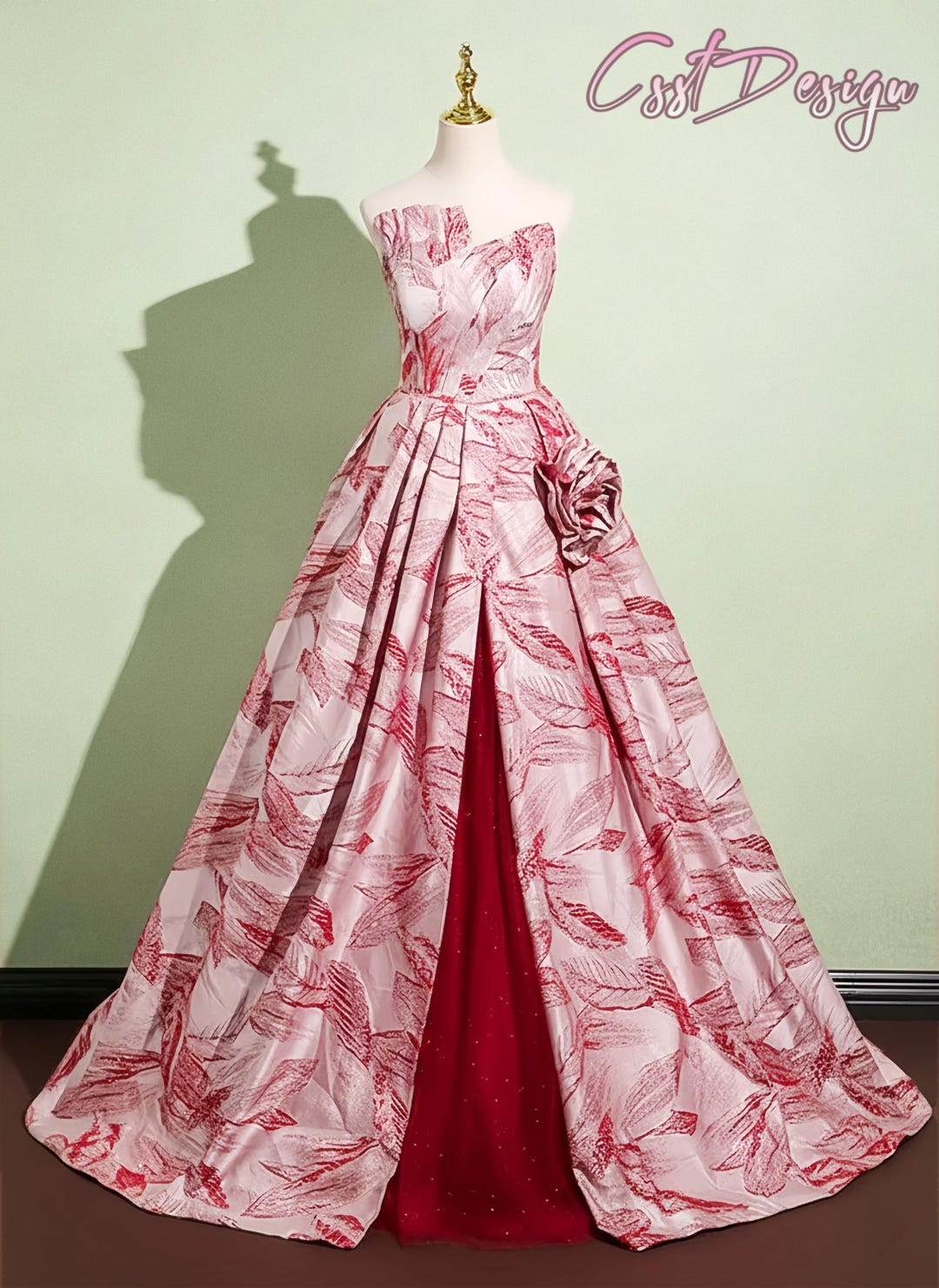Niche Red-rose Feather Texture Gown,off-the-shoulder 3D Ruffle Side Bud ...