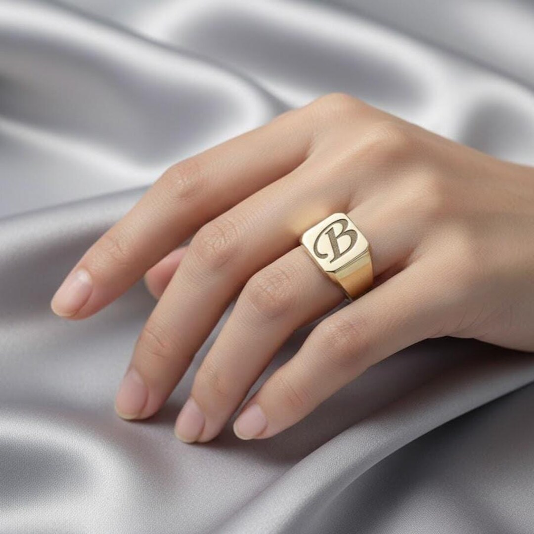 Custom Initial Signet Ring – Gold Plated Letter “B” Ring for Men & Women | Personalized Gift ...