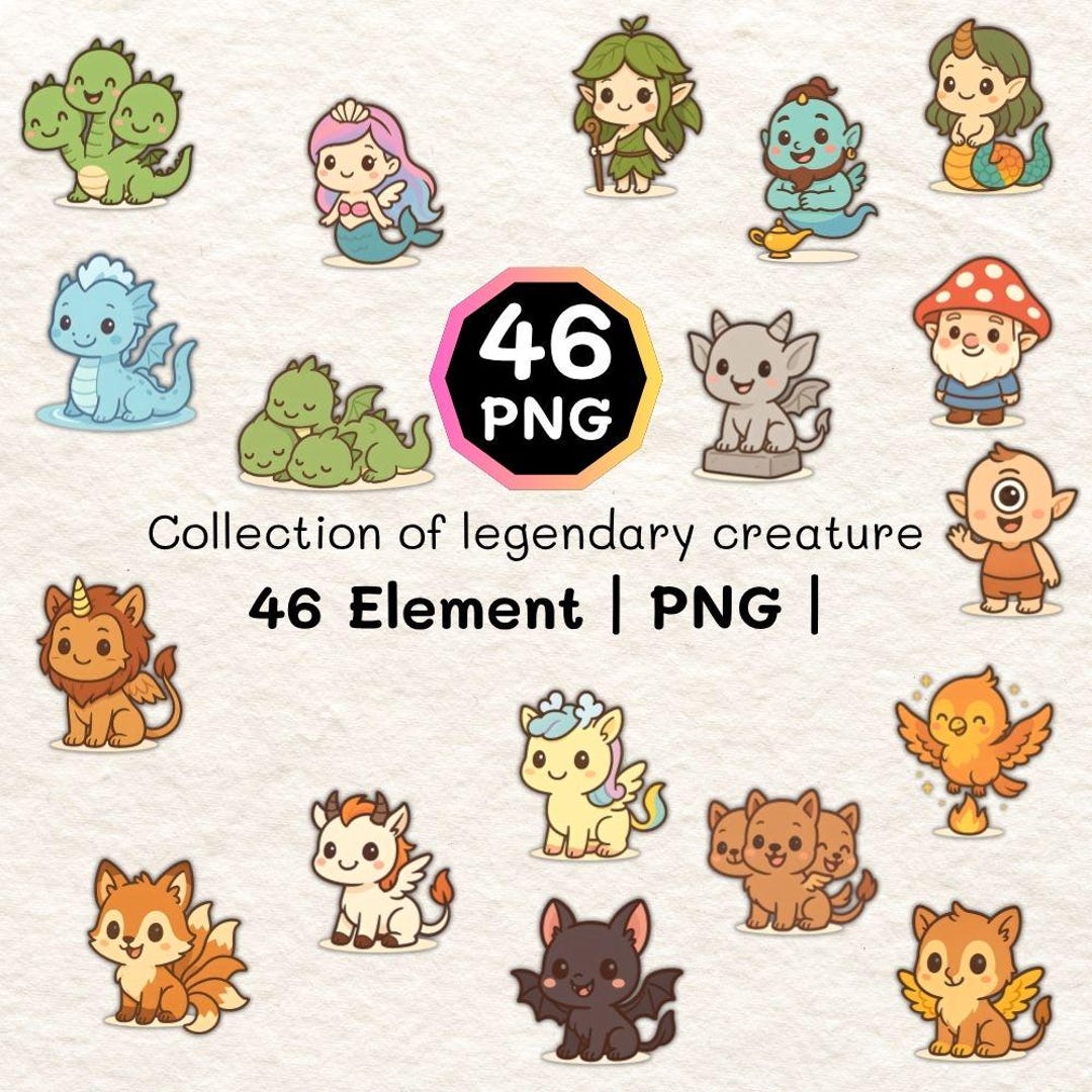 Chibi Mythical Creatures PNG Set – 46 Fantasy Animal Clipart (digital ...