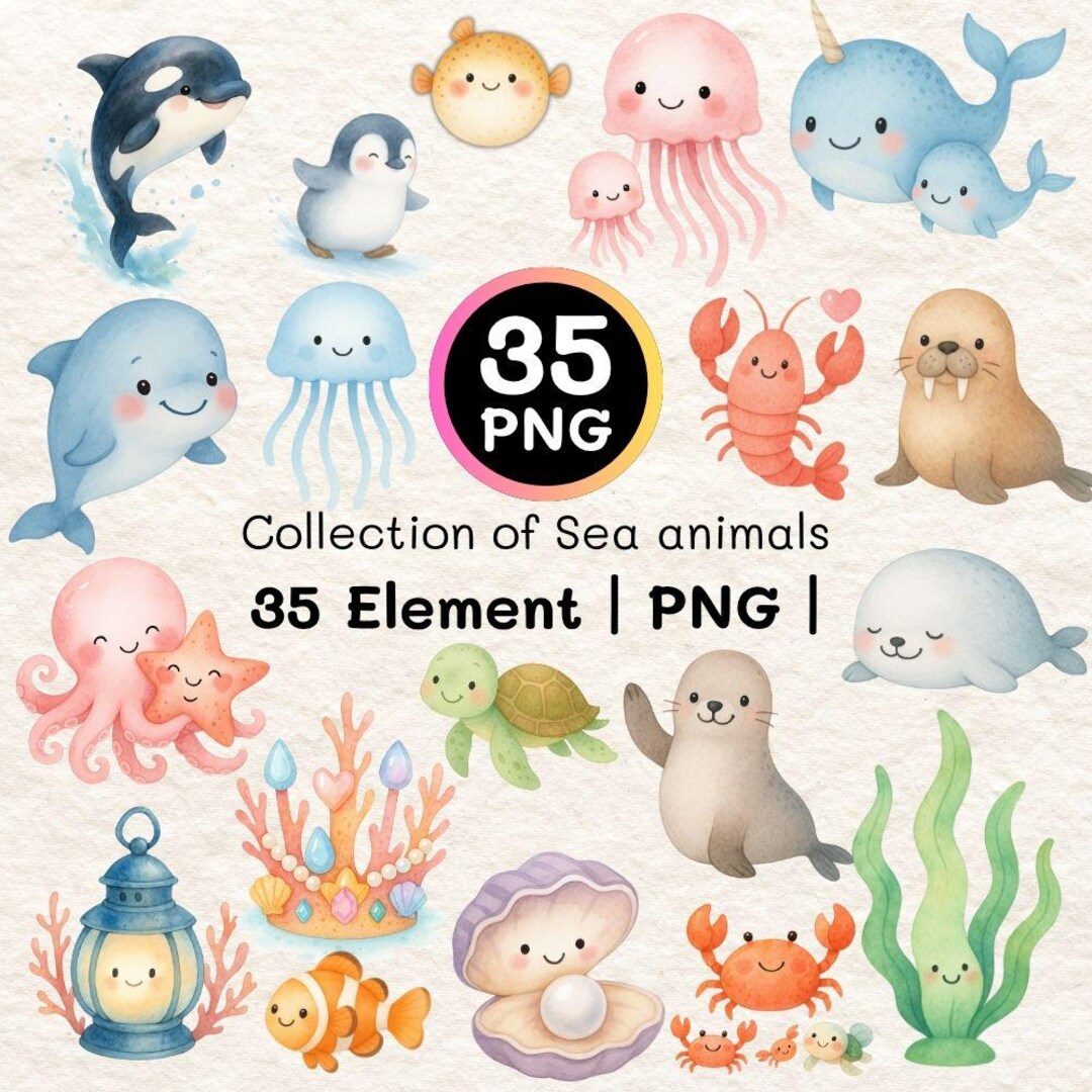 Watercolor Sea Animals Clipart | 35 PNG Ocean Creature Bundle (digital ...