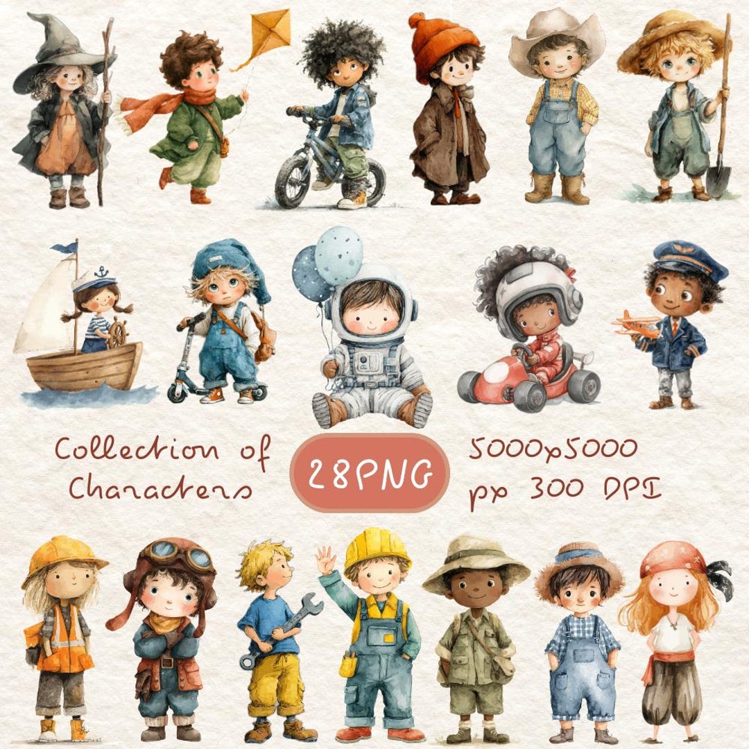 Watercolor Kids Character Clipart Bundle | 28 PNG Files (digital ...
