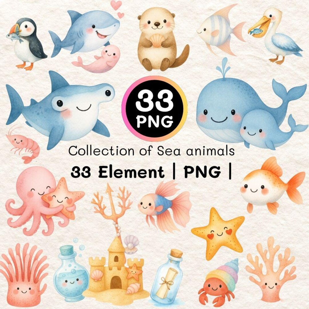 Watercolor Sea Animals Clipart | 32 PNG Bundle, Ocean Creatures ...