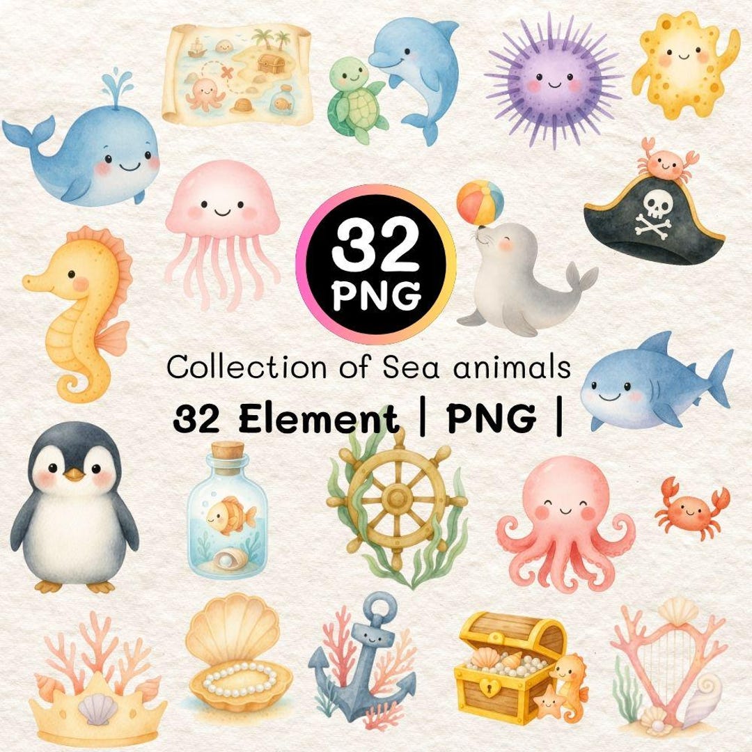 Watercolor Sea Animals Clipart | 32 PNG Bundle, Ocean Creatures ...