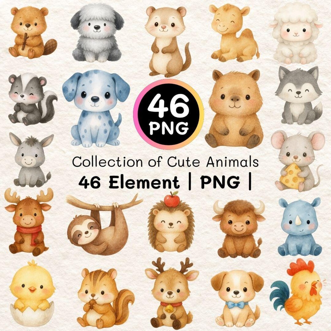 Watercolor Animals Clipart | 46 PNG Nursery Art Elements (digital ...