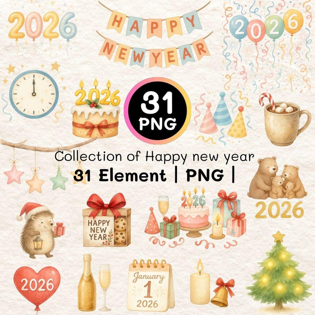 2026 Watercolor Happy New Year Clipart Set | 31 PNG Elements | - Etsy