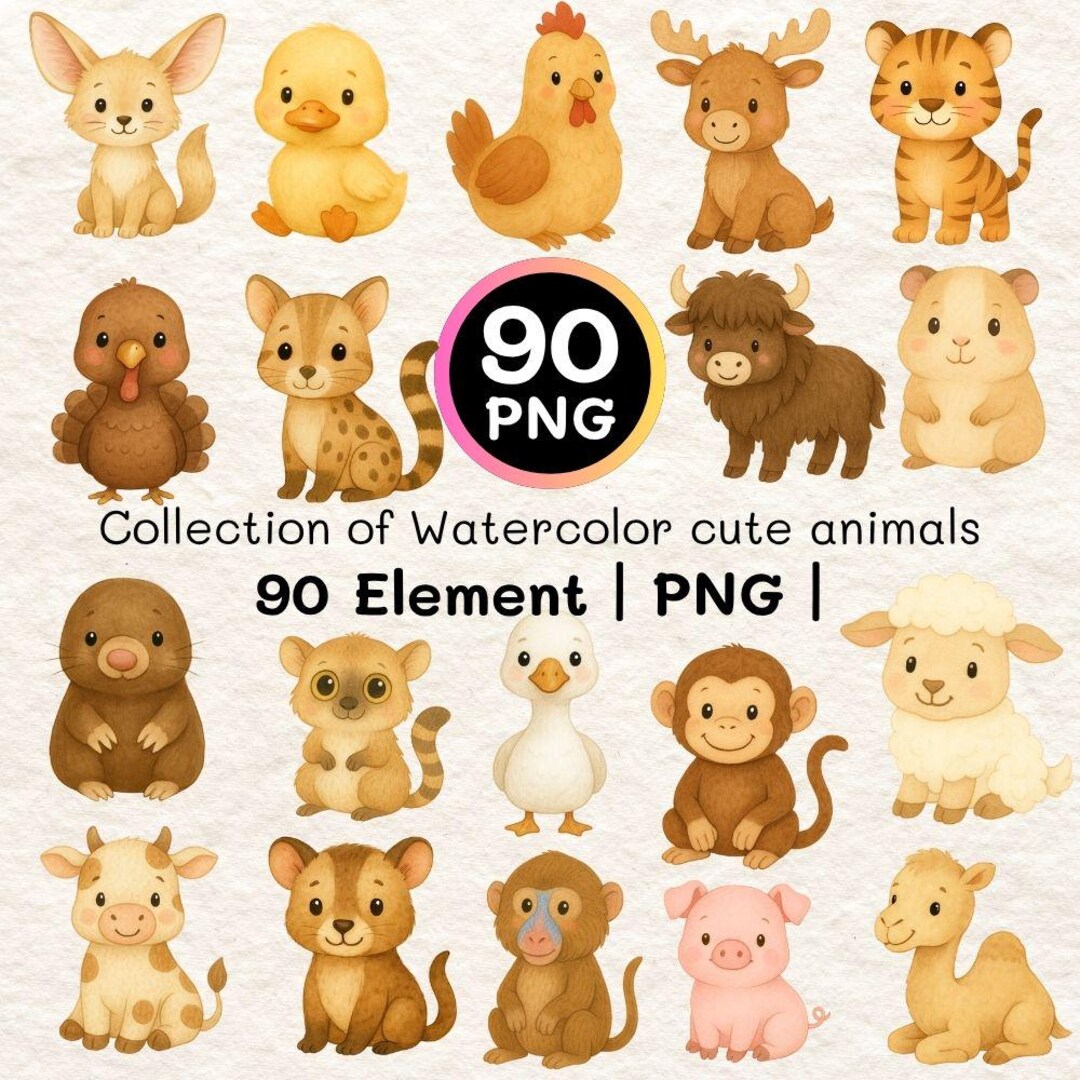 Watercolor Cute Animals Clipart | 90 PNG Bundle | - Etsy