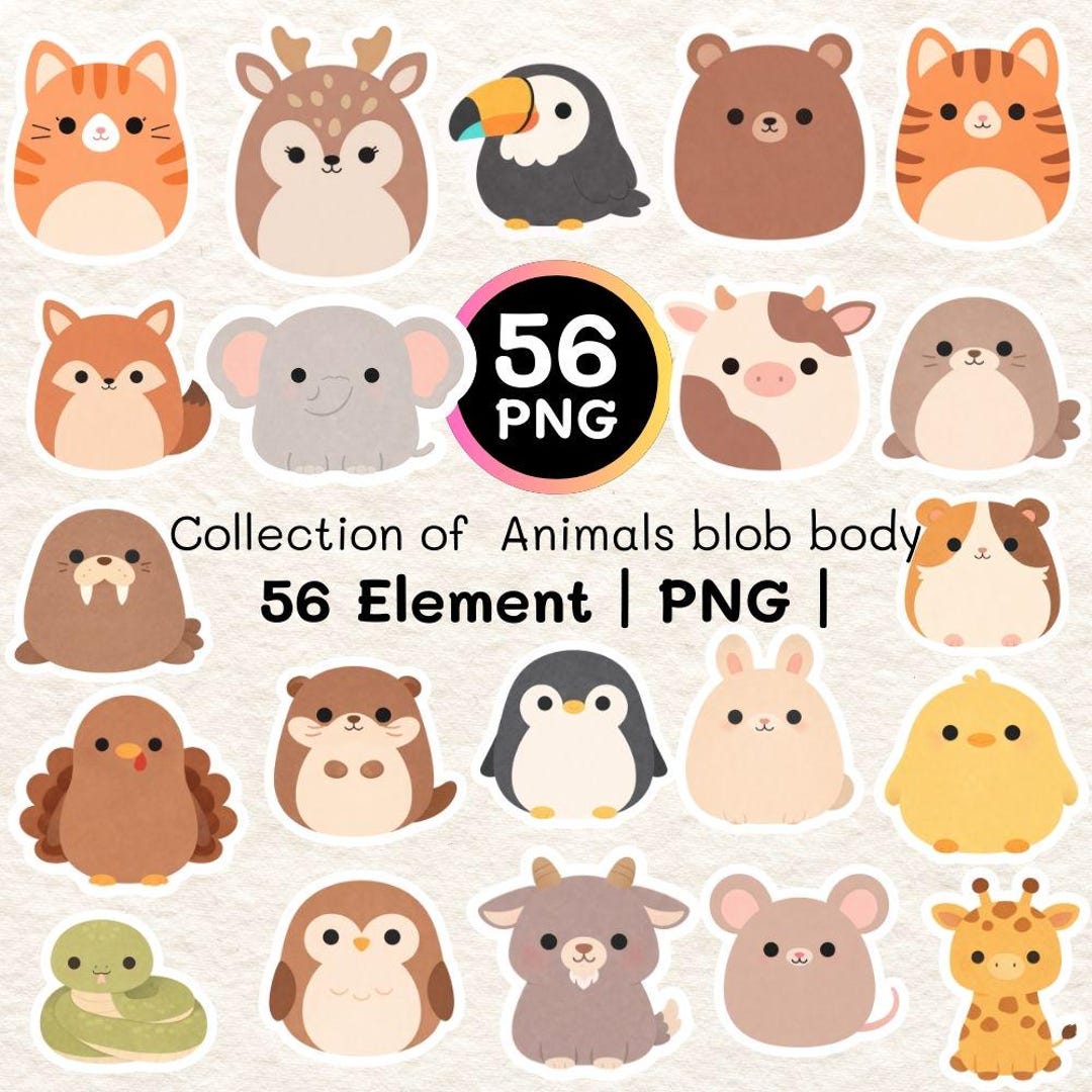 Blob Animal Clipart | 56 Kawaii PNG Illustrations (digital Download) - Etsy