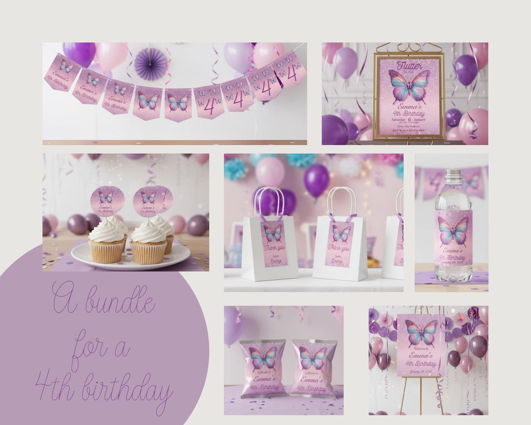 Bundle Fourth Birthday Girl, Set 4th Birthday, Flutter on 4, Cupcake ...