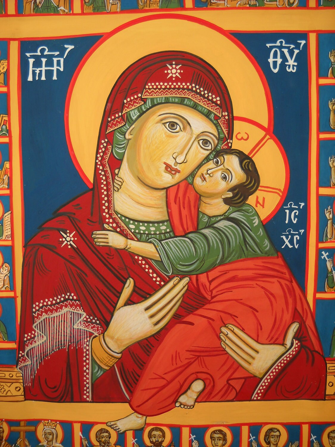 Madonna With Child Jesus, Surrounded by Saints, Romanian Byzantine Icon ...