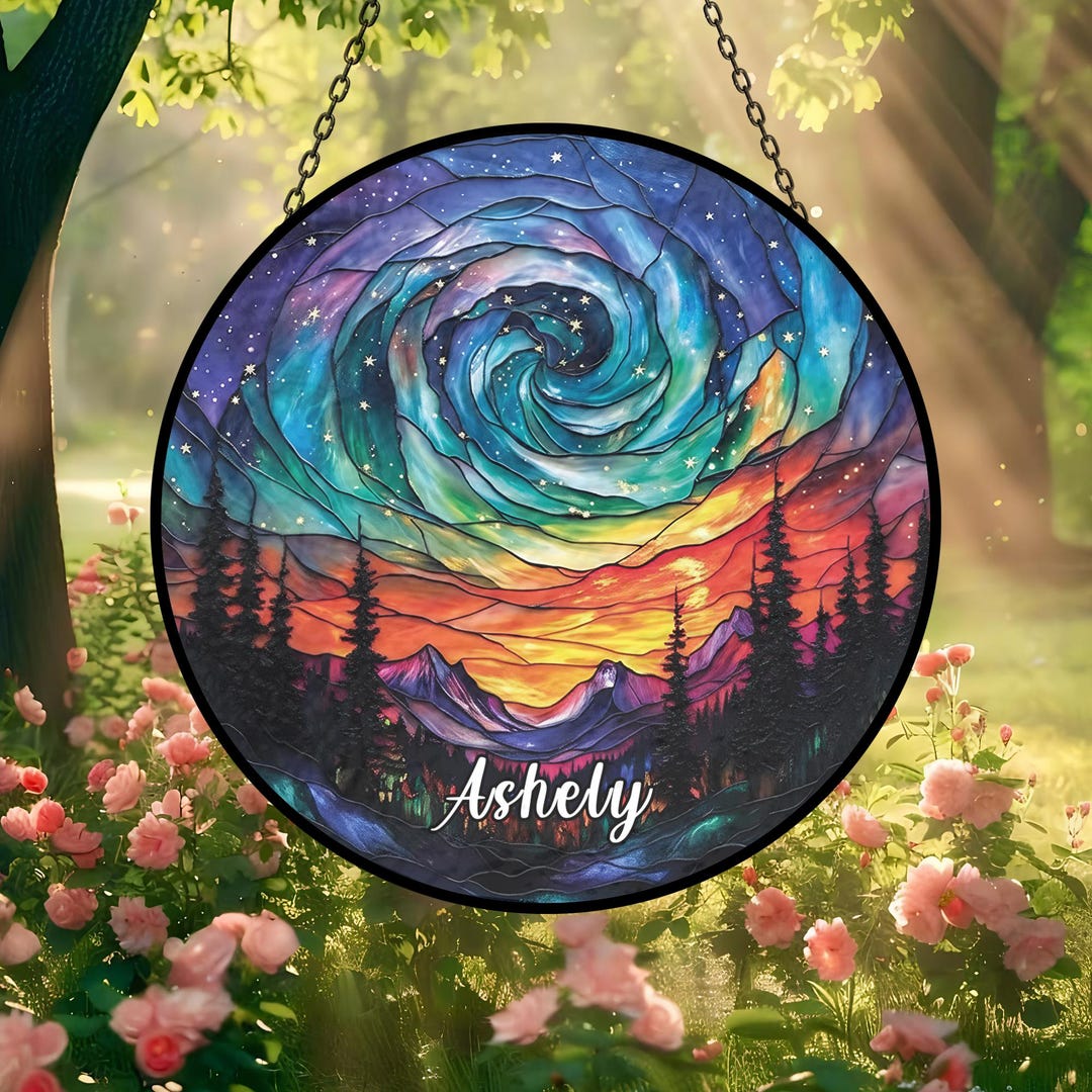 Cosmic Rose Galaxy Art, Stained Glass Sun Catcher, Mountain Sunset ...