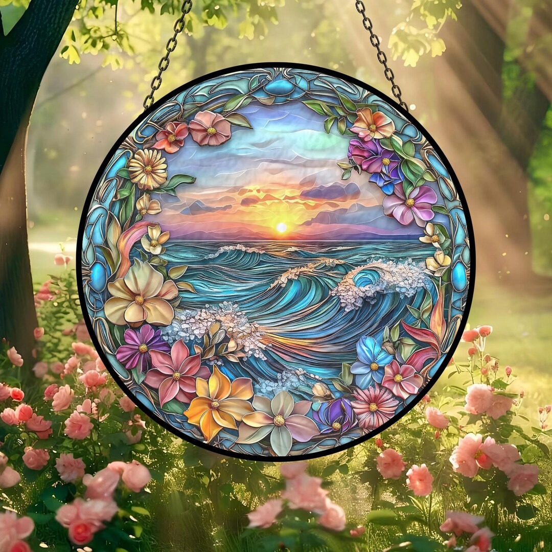 Ocean Sunset Sun Catcher, Glass Sun Catcher, Vibrant Waves & Colorful ...